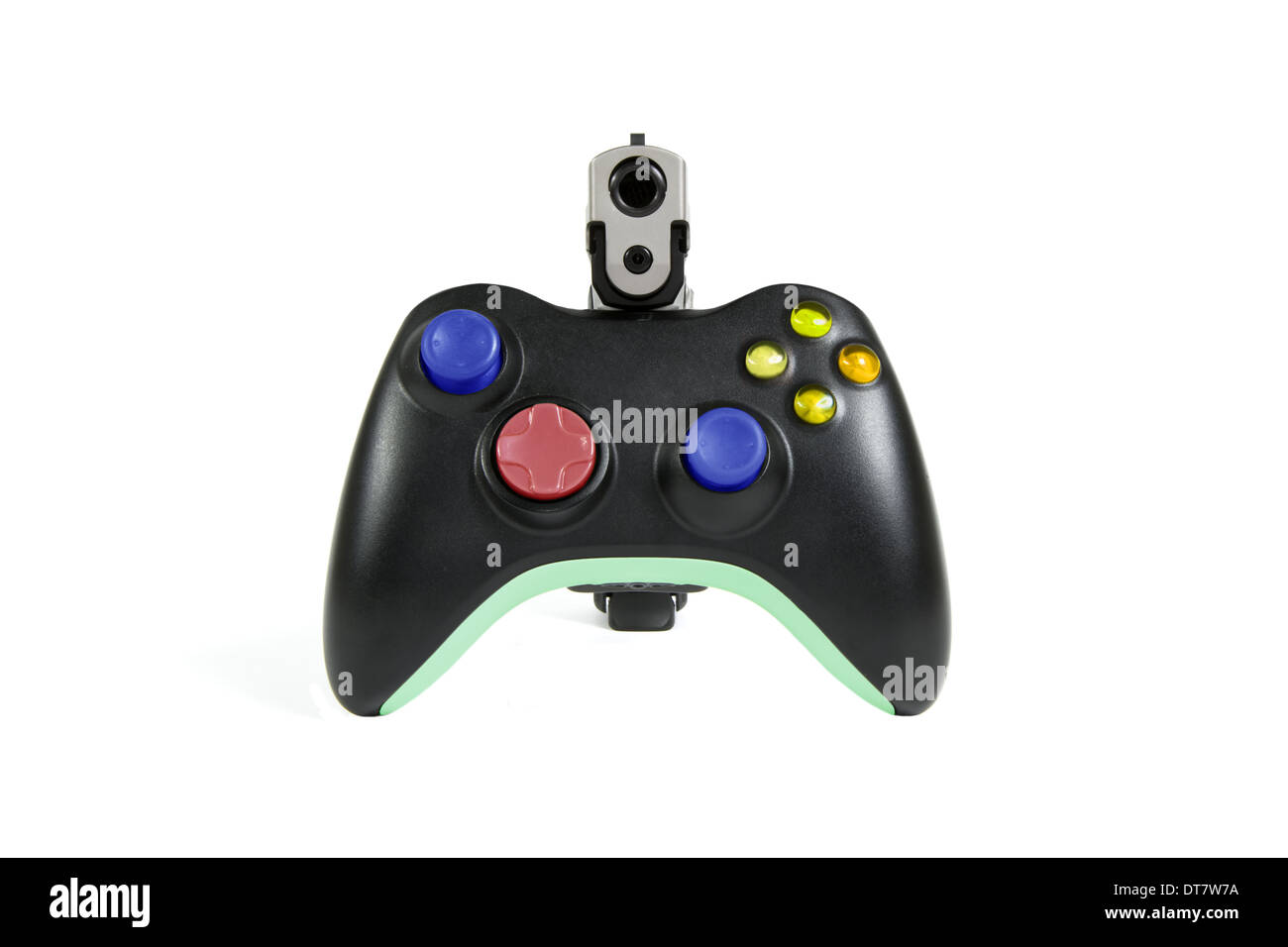 Action gamers showing barrel of gun over game controller Stock Photo ...