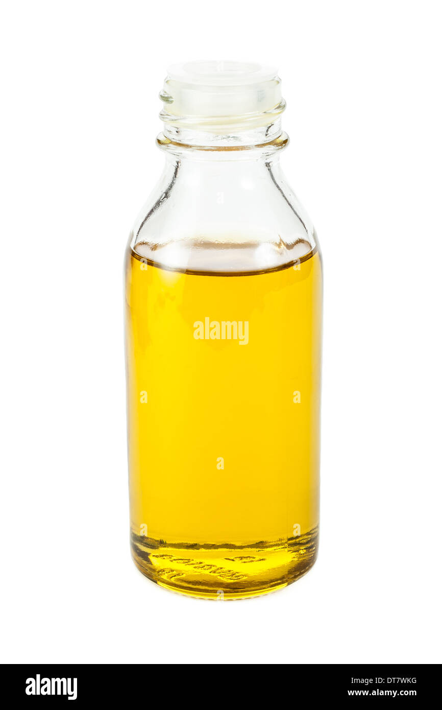 Linseed oil in small bottle isolated on white background Stock Photo ...