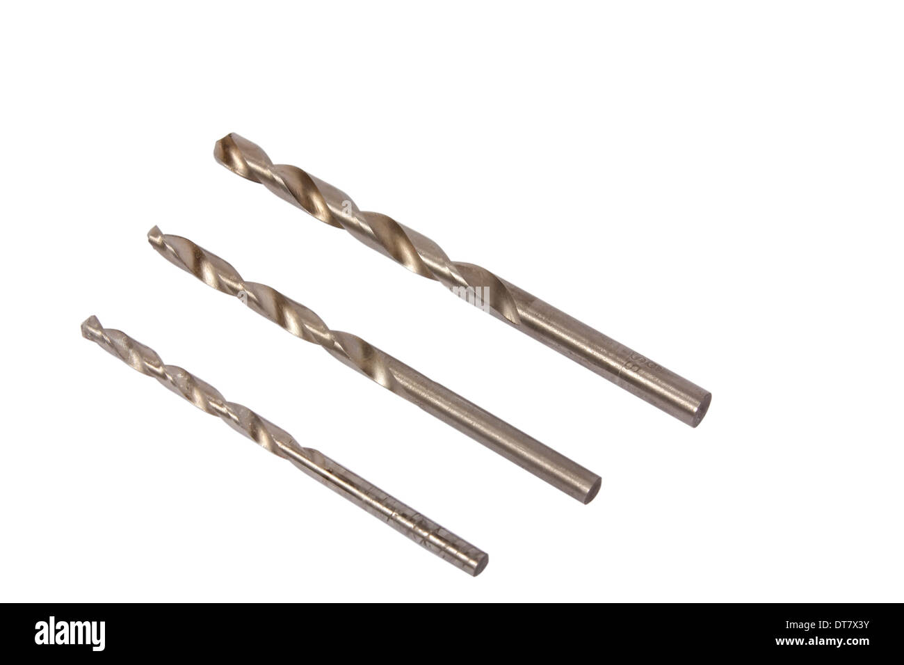 Three silver drills isolated on white background Stock Photo - Alamy