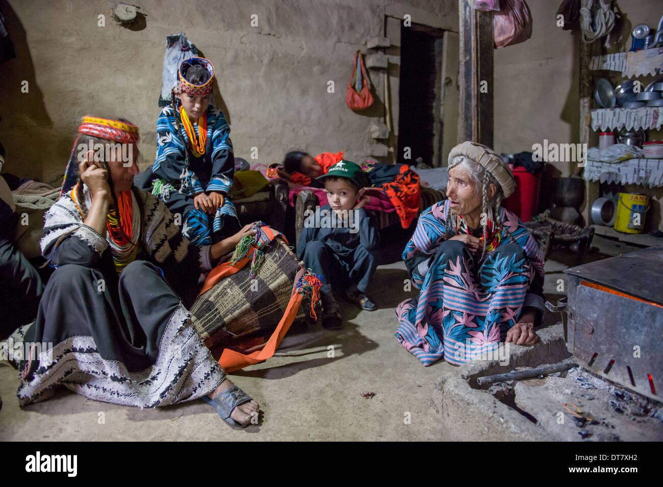 Kalash family in their house, Balanguru, Rumbur Valley, Chitral, Khyber ...