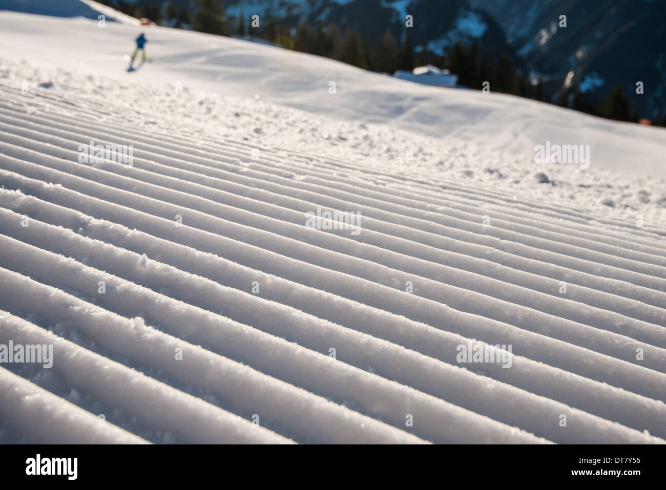A fresh prepaired slope on a mountain at the ski resort Mayrhofen in ...