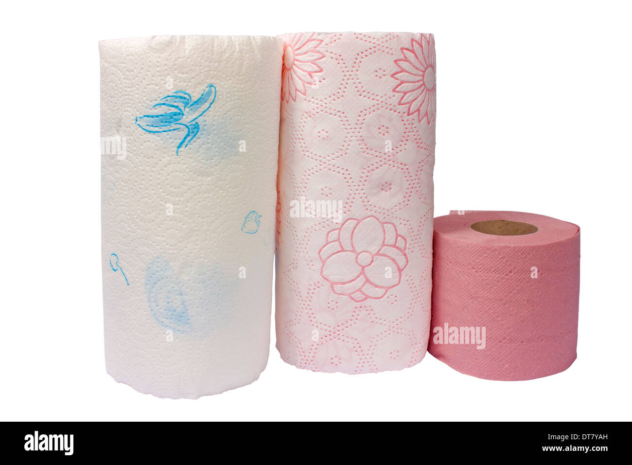Two paper towels and one toilet paper isolated on white background ...