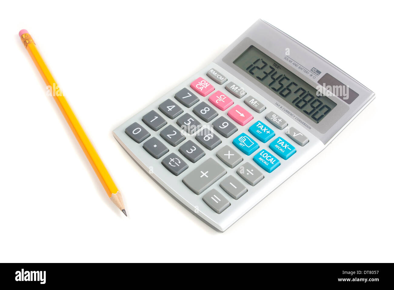 Single pencil and one calculator isolated over white background Stock ...