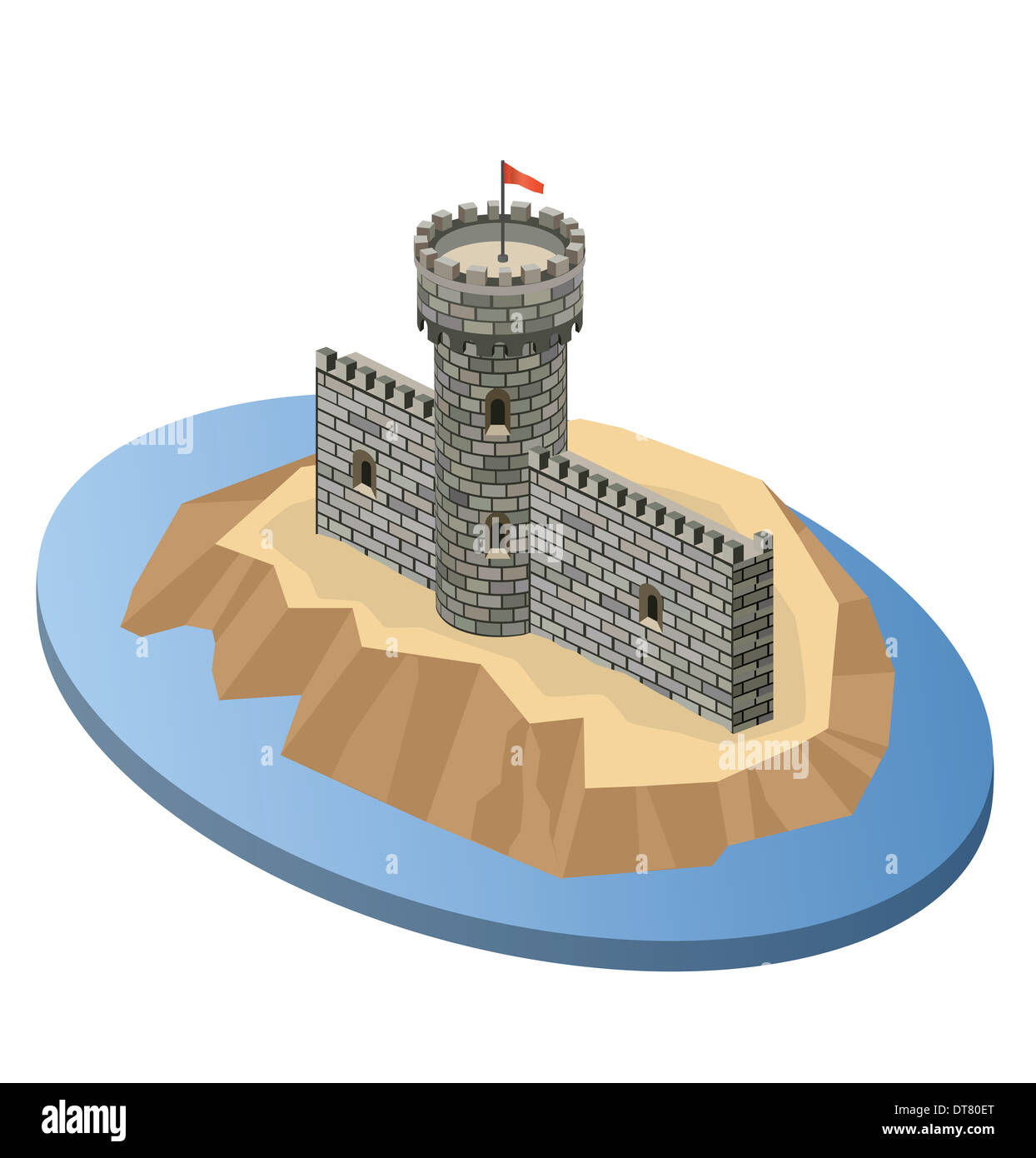 Isometric projection of a medieval castle on an island Stock Photo - Alamy
