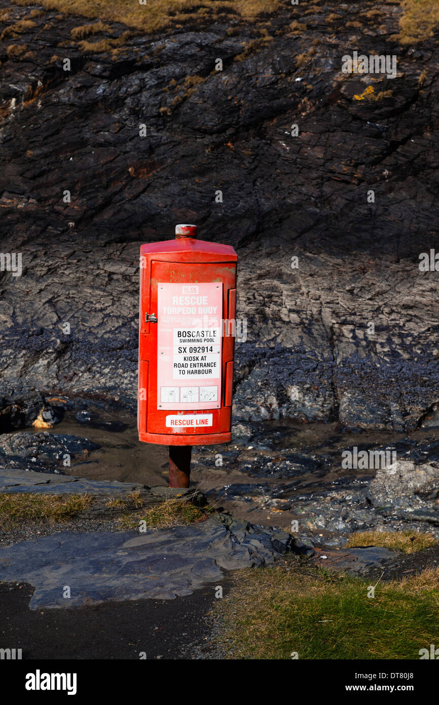 Rescue torpedo buoy at Boscastle Harbour, Cornwall, England Stock Photo ...