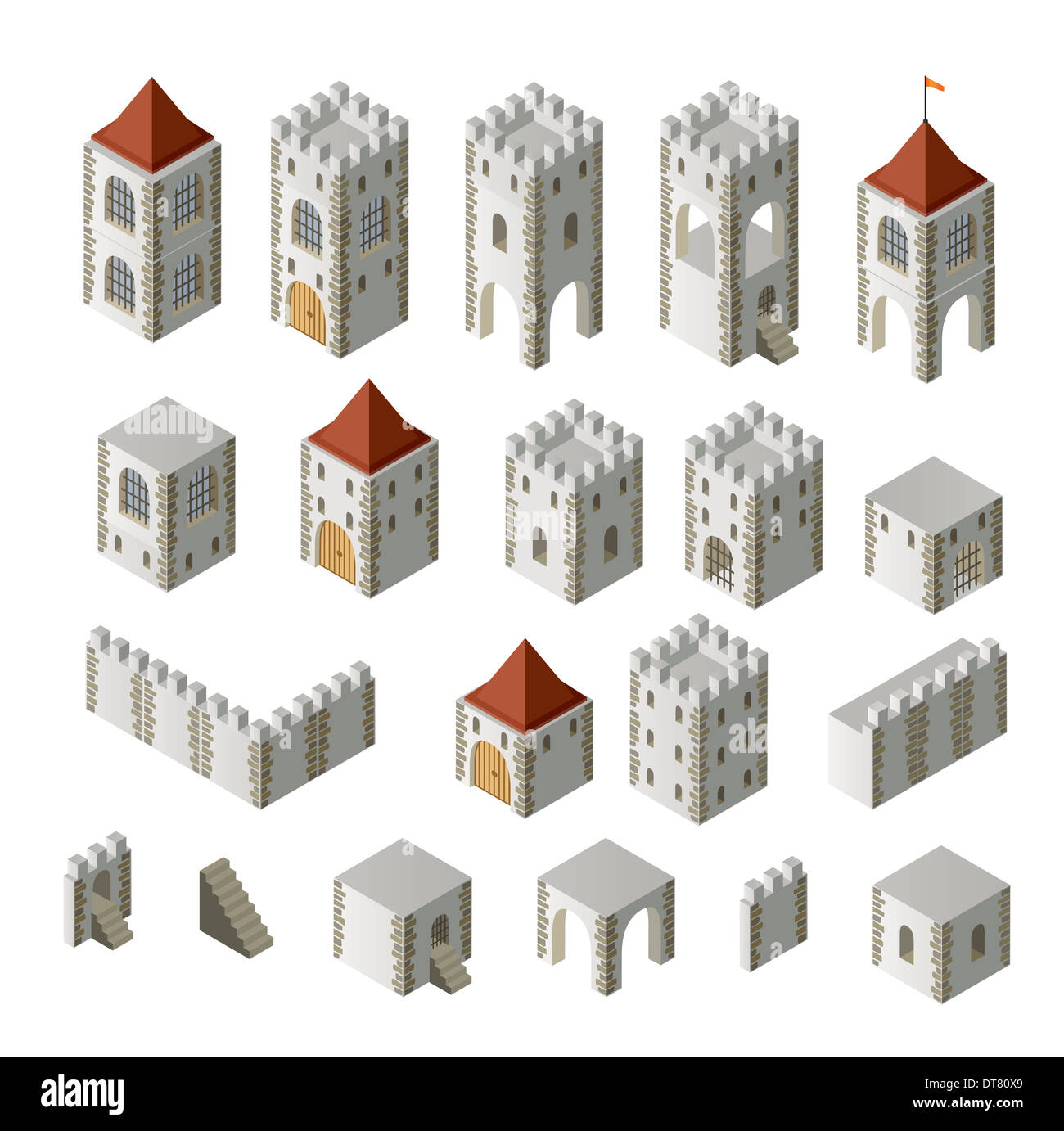 A set of isometric medieval buildings on a white background Stock Photo ...