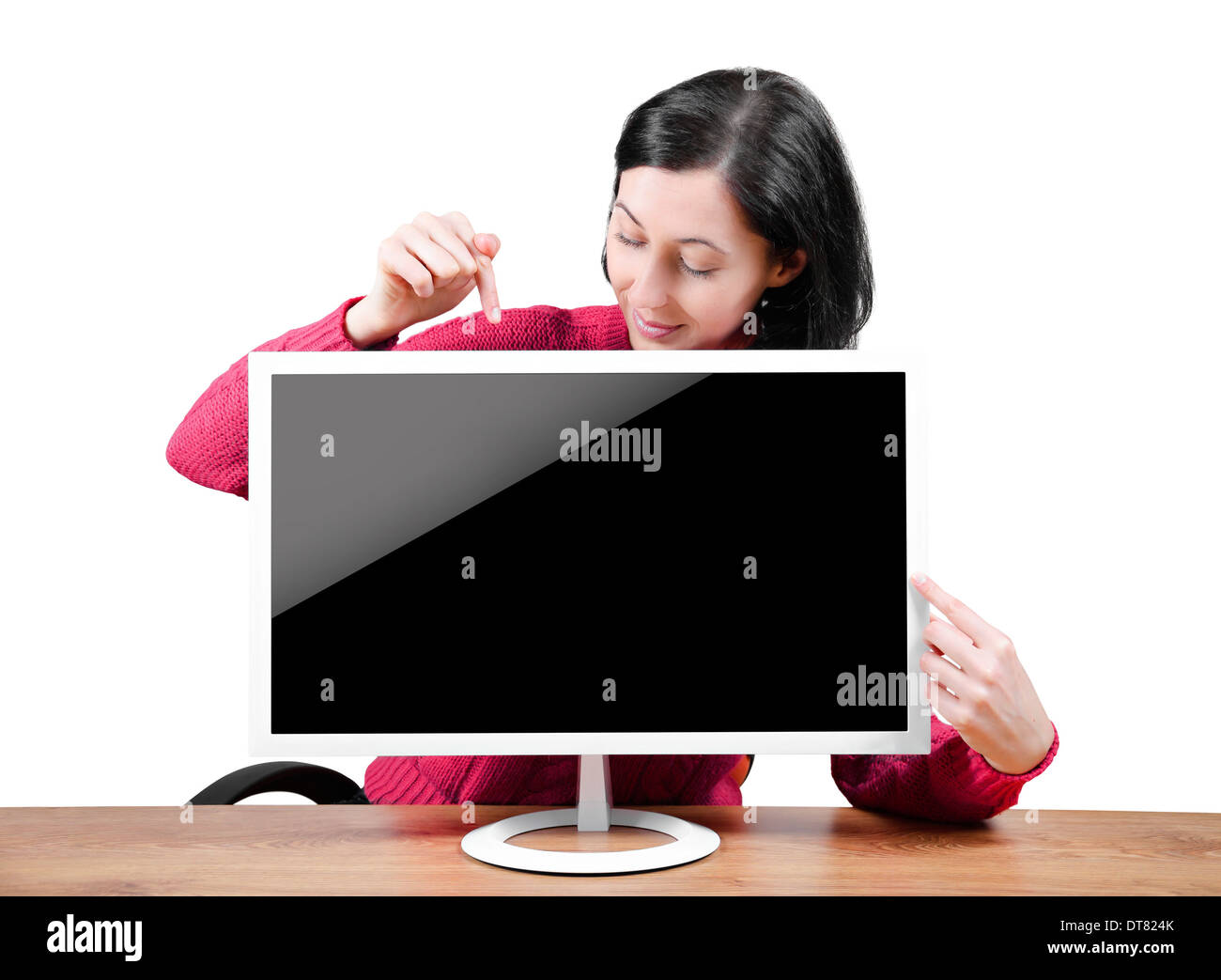 Happy woman with display monitor Stock Photo - Alamy