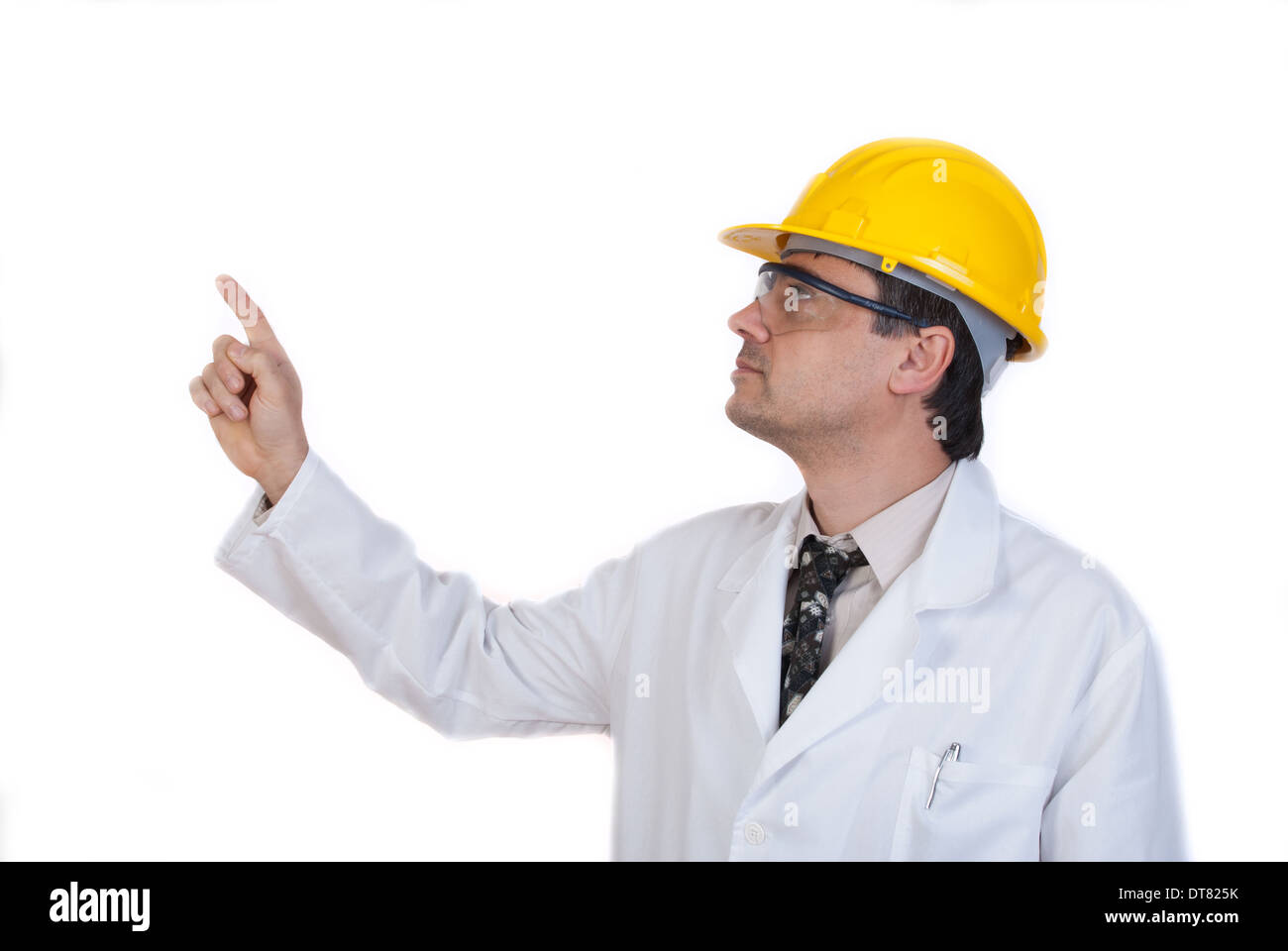 worker man pointing on white Stock Photo - Alamy