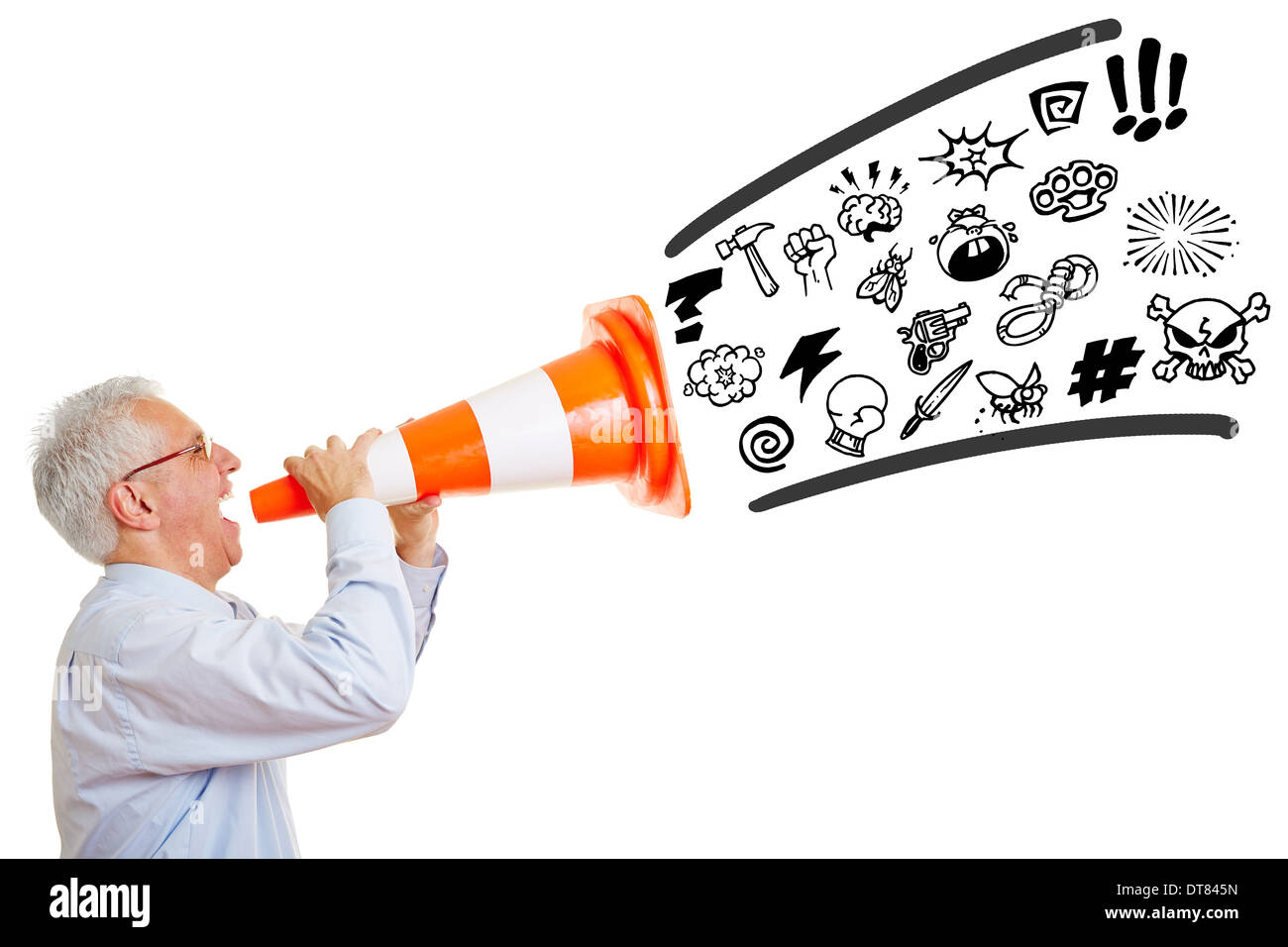 Senior man screaming curse words and insults in a pylon Stock Photo - Alamy