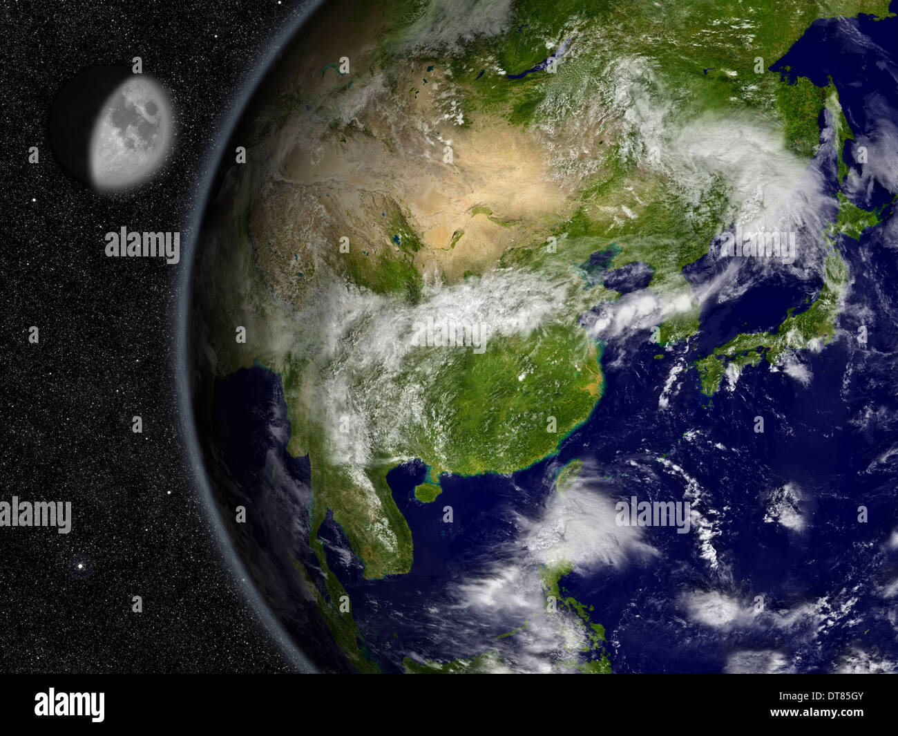 East Asia region on planet Earth from space with Moon and stars in the ...