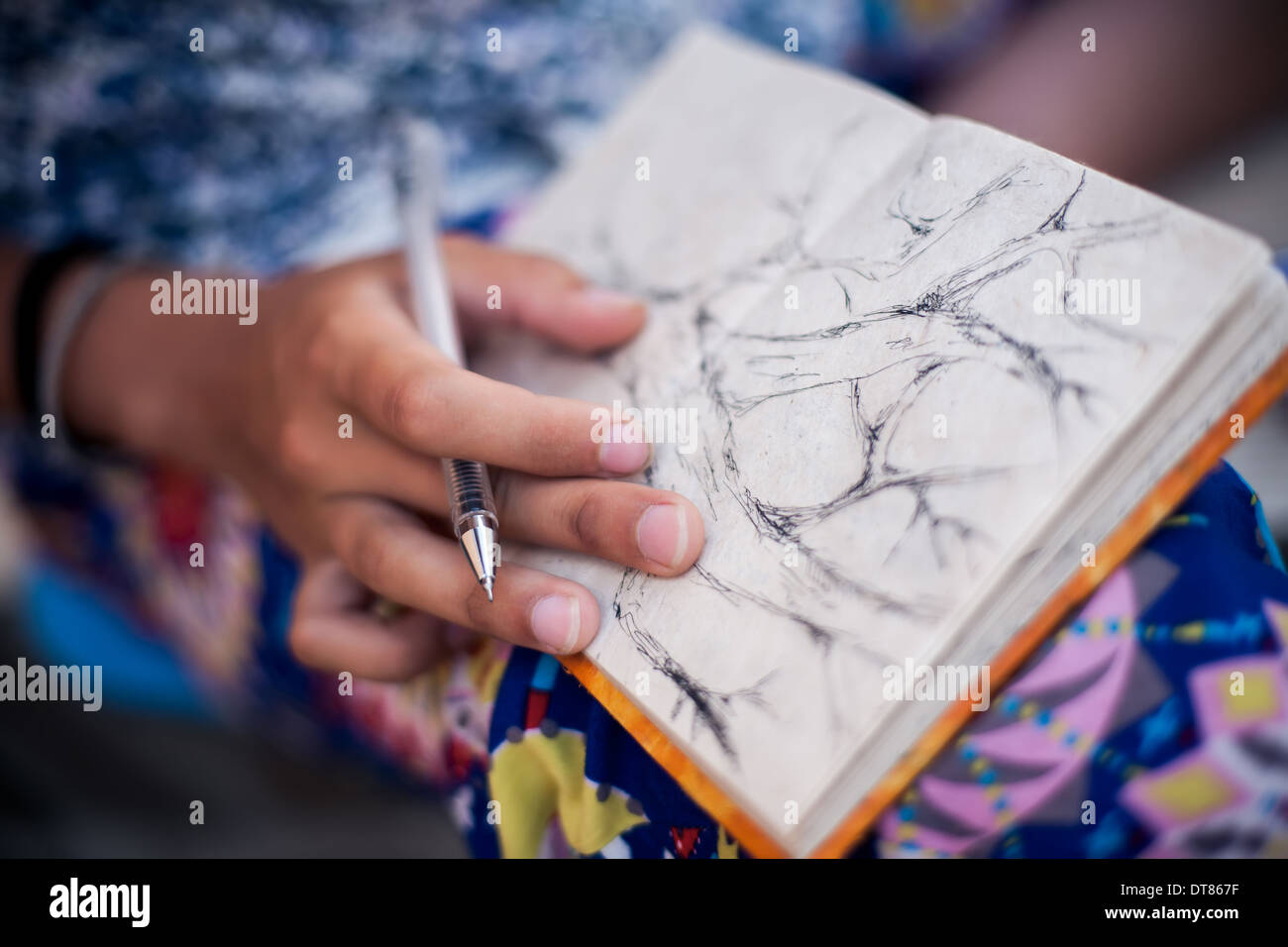 Woman drawing tree in her notebook Stock Photo - Alamy