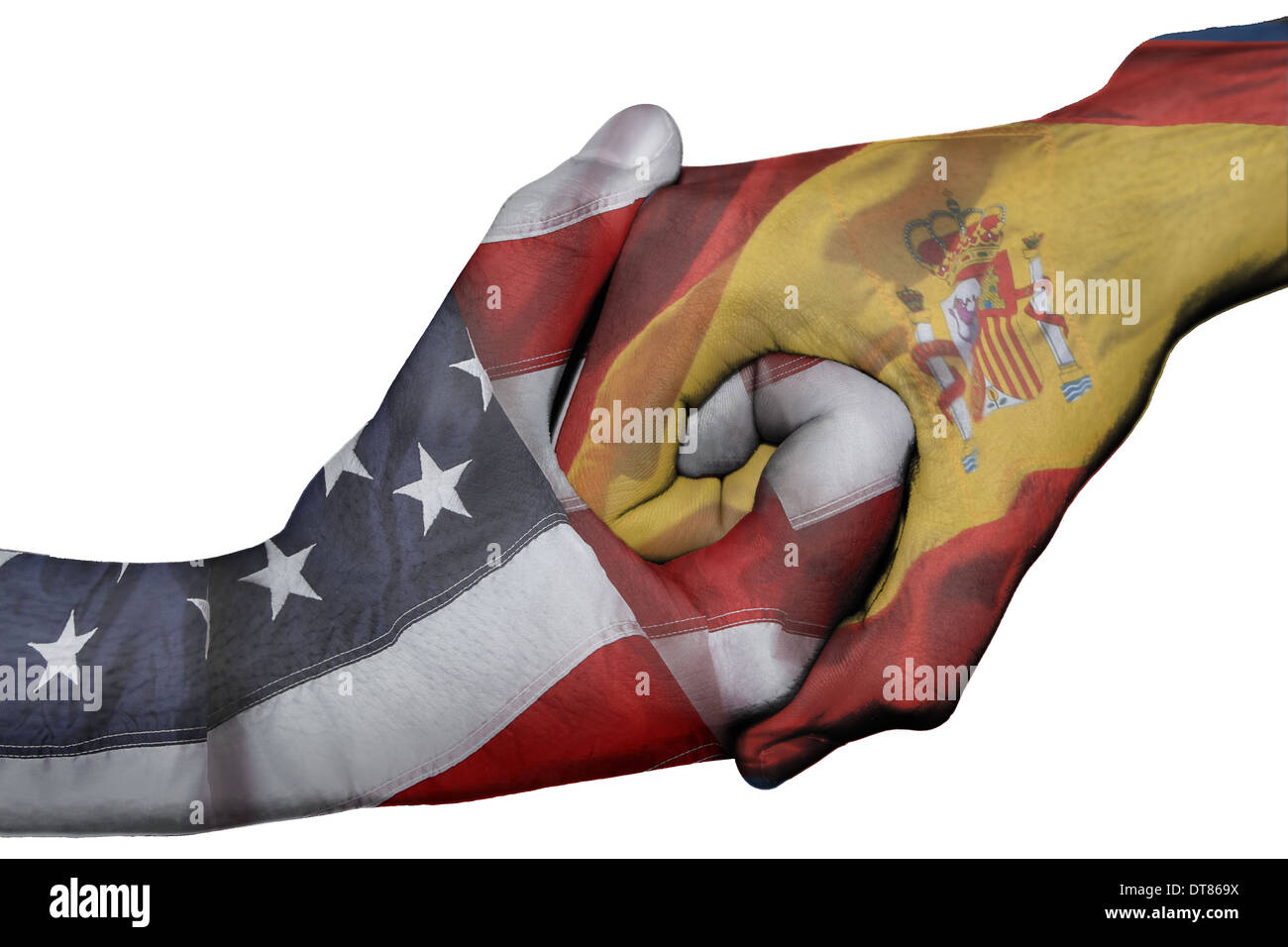 Handshake between two hands with overprinted flags of United States and ...