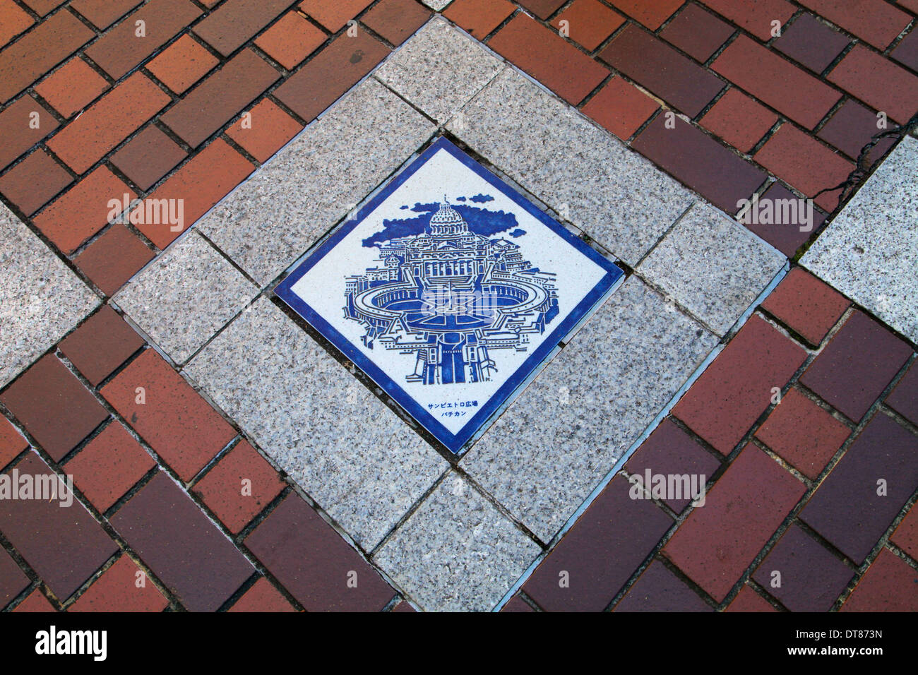 Illustrated tile on the sidewalk Tama Center shopping area Tokyo Japan ...