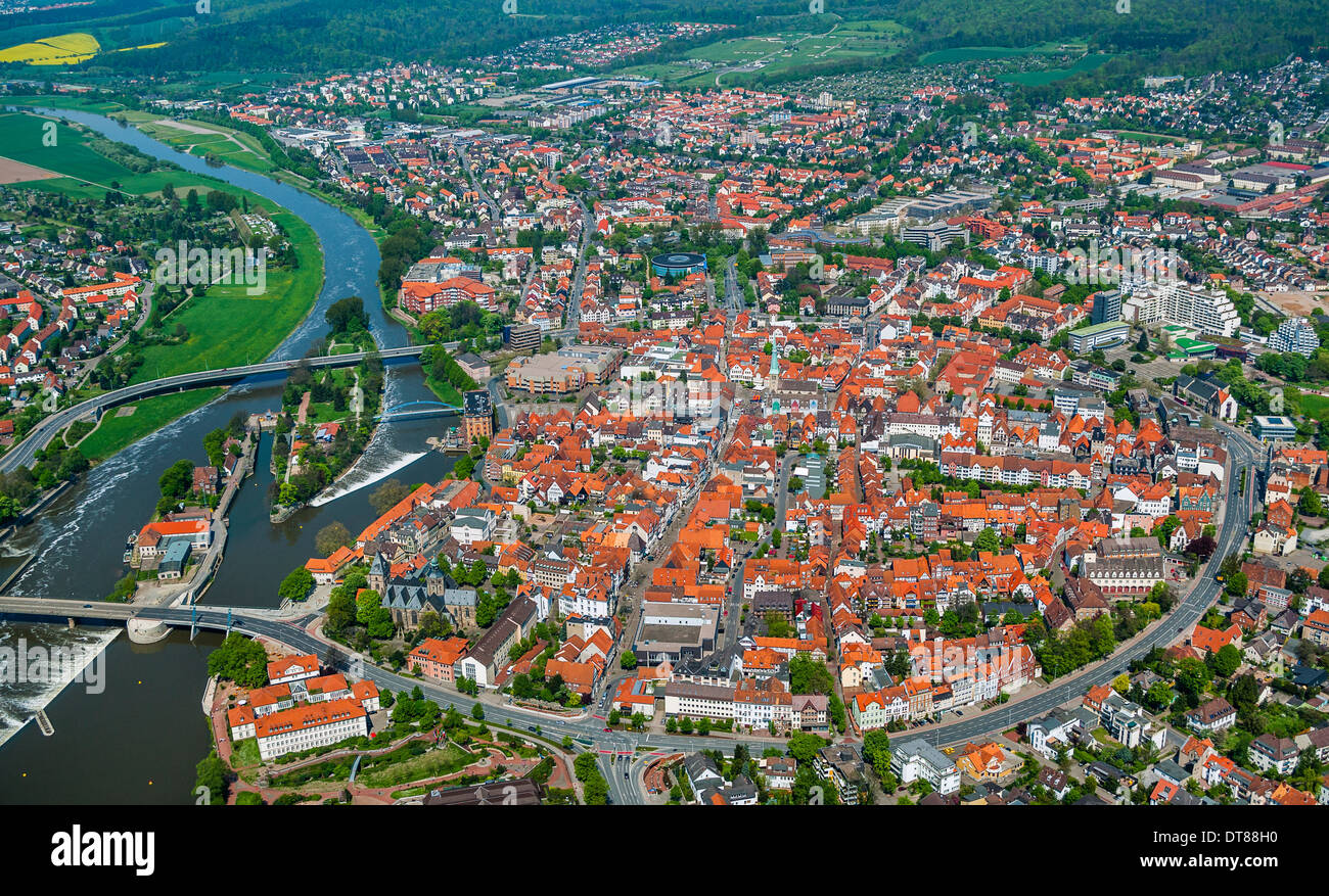 aerial view of Hamelin and the river Weser, Lower Saxony, Germany Stock ...