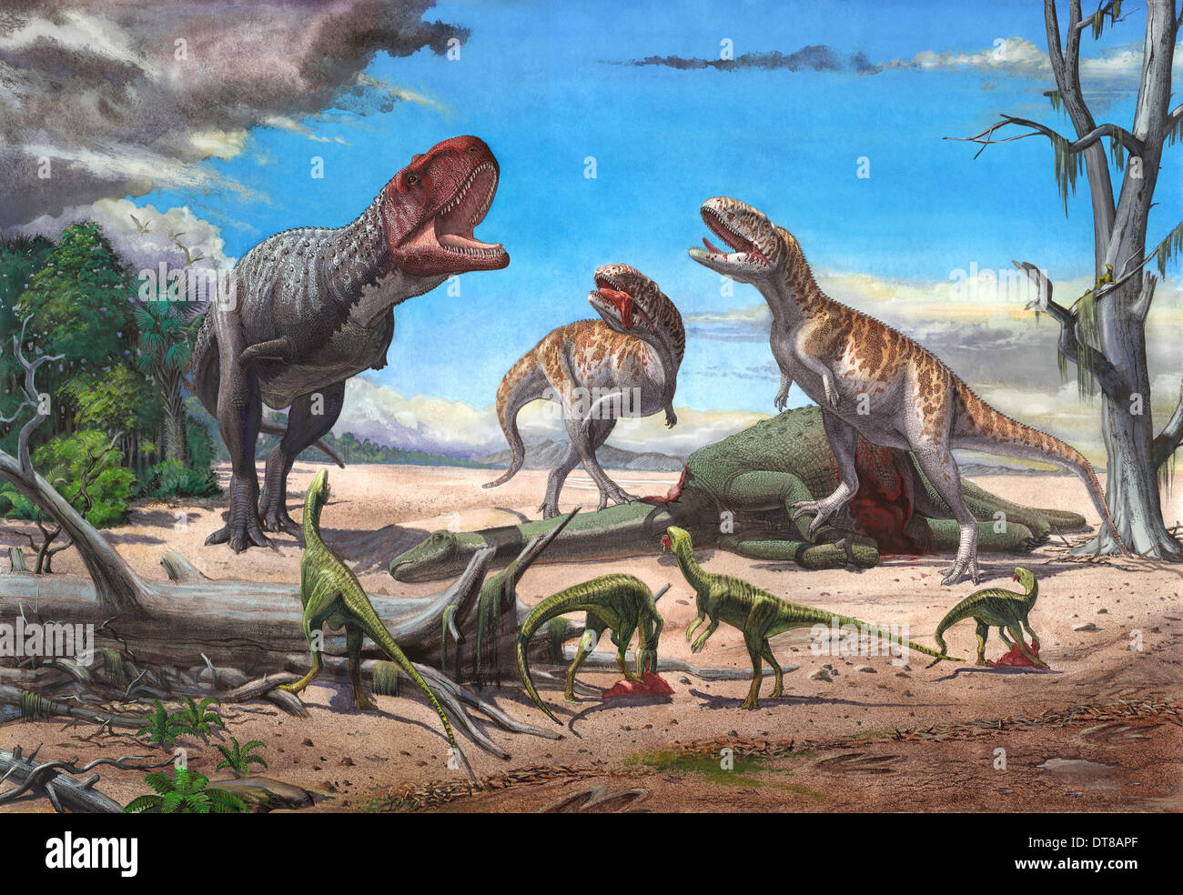 A large Rajasaurus roars in an attempt to scare two Indosuchus away ...