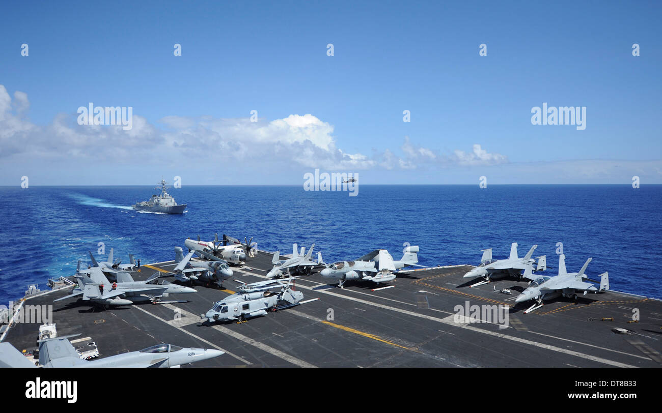 Aircraft arranged on the flight deck of aircraft carrier USS Nimitz ...