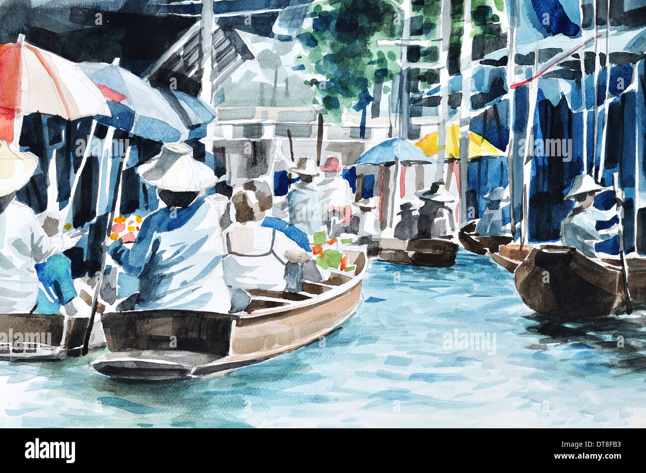 Original hand draw, Floating market Stock Photo - Alamy