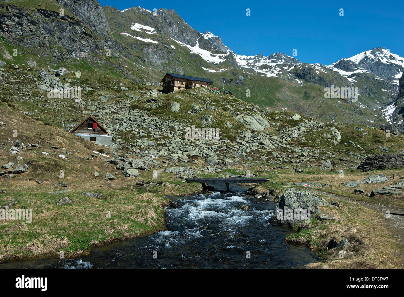 Mountain hut Cabane de Louvie above the Louvie brook, Val de Bagnes ...