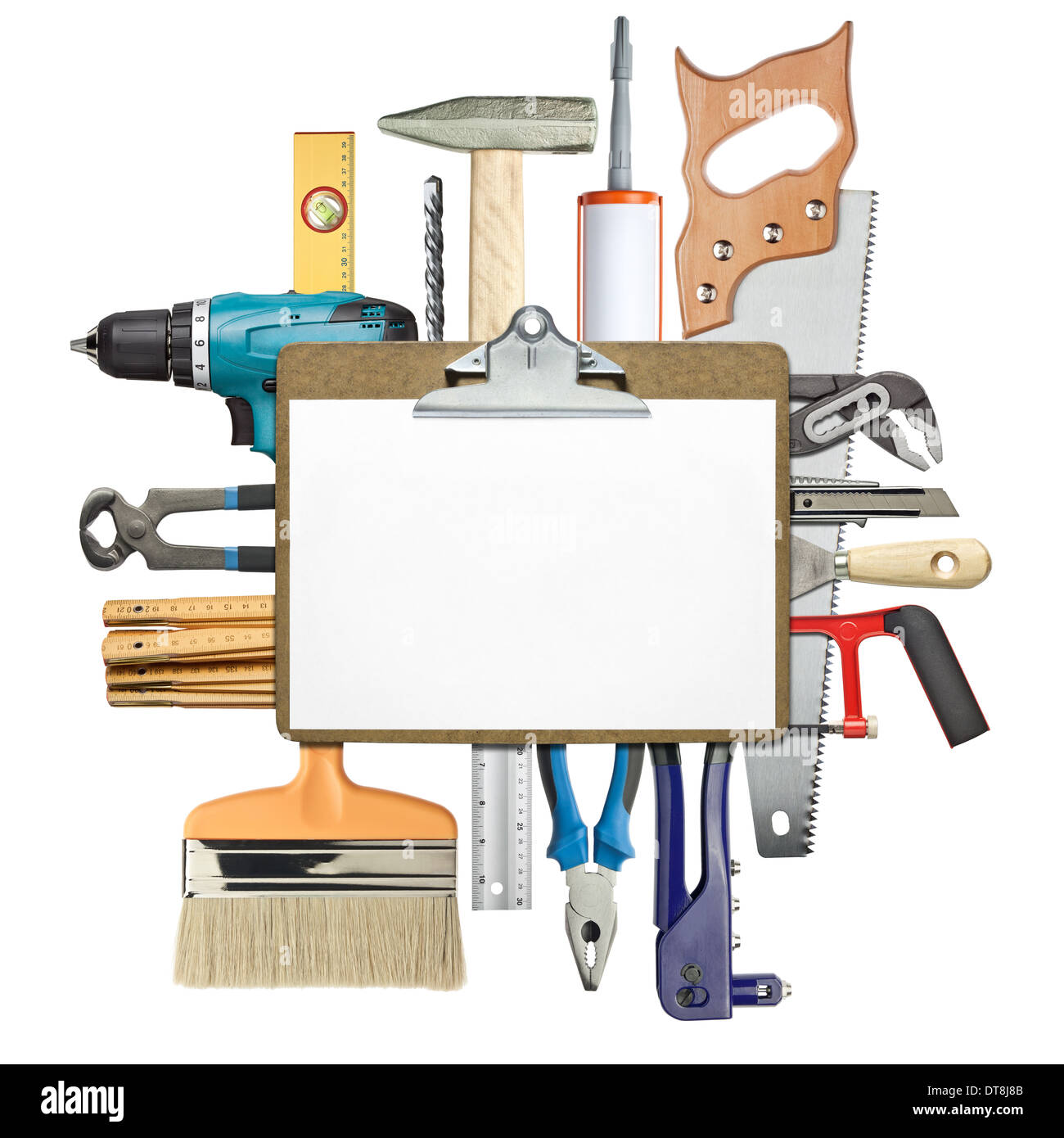 Carpentry, construction collage. Tools under clipboard Stock Photo - Alamy