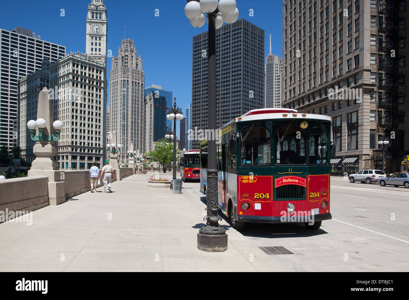 CHICAGO - JULY 13: Bus stop station near the Wrigley building in ...