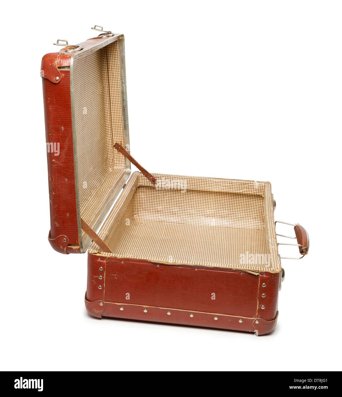Empty vintage open suitcase on white background Stock Photo - Alamy
