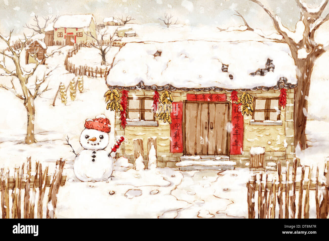 Traditional house and snowman in winter Stock Photo - Alamy