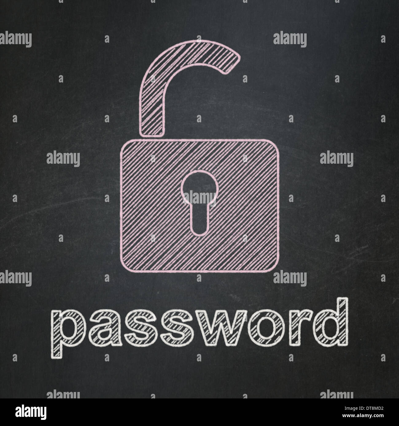 Protection concept: Opened Padlock and Password on chalkboard ...