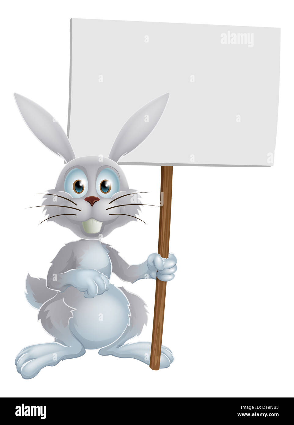 Cartoon white Easter bunny rabbit holding a sign or banner Stock Photo ...