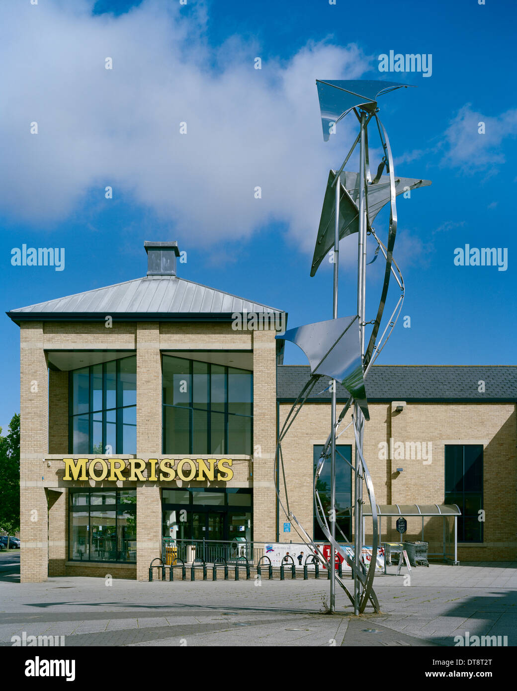 Modern metal sculpture outside Morrisons supermarket in Great Cambourne ...