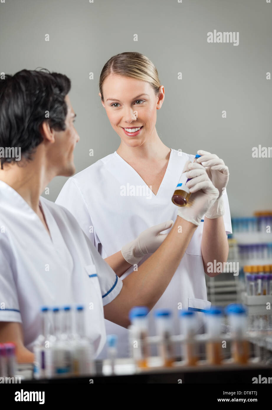 Happy Technicians Analyzing Sample In Lab Stock Photo - Alamy