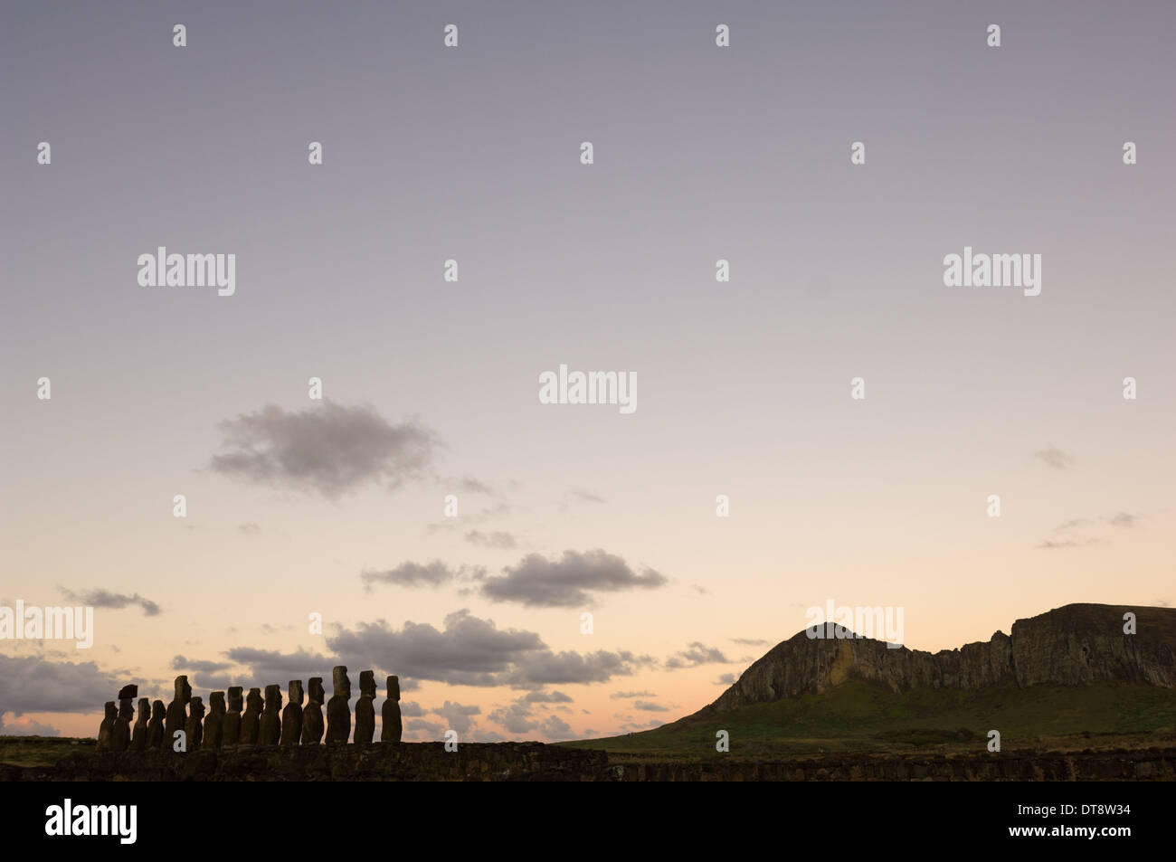 Moai at Ahu Tongariki, with the volcanic crater of Rana Raraku behind ...