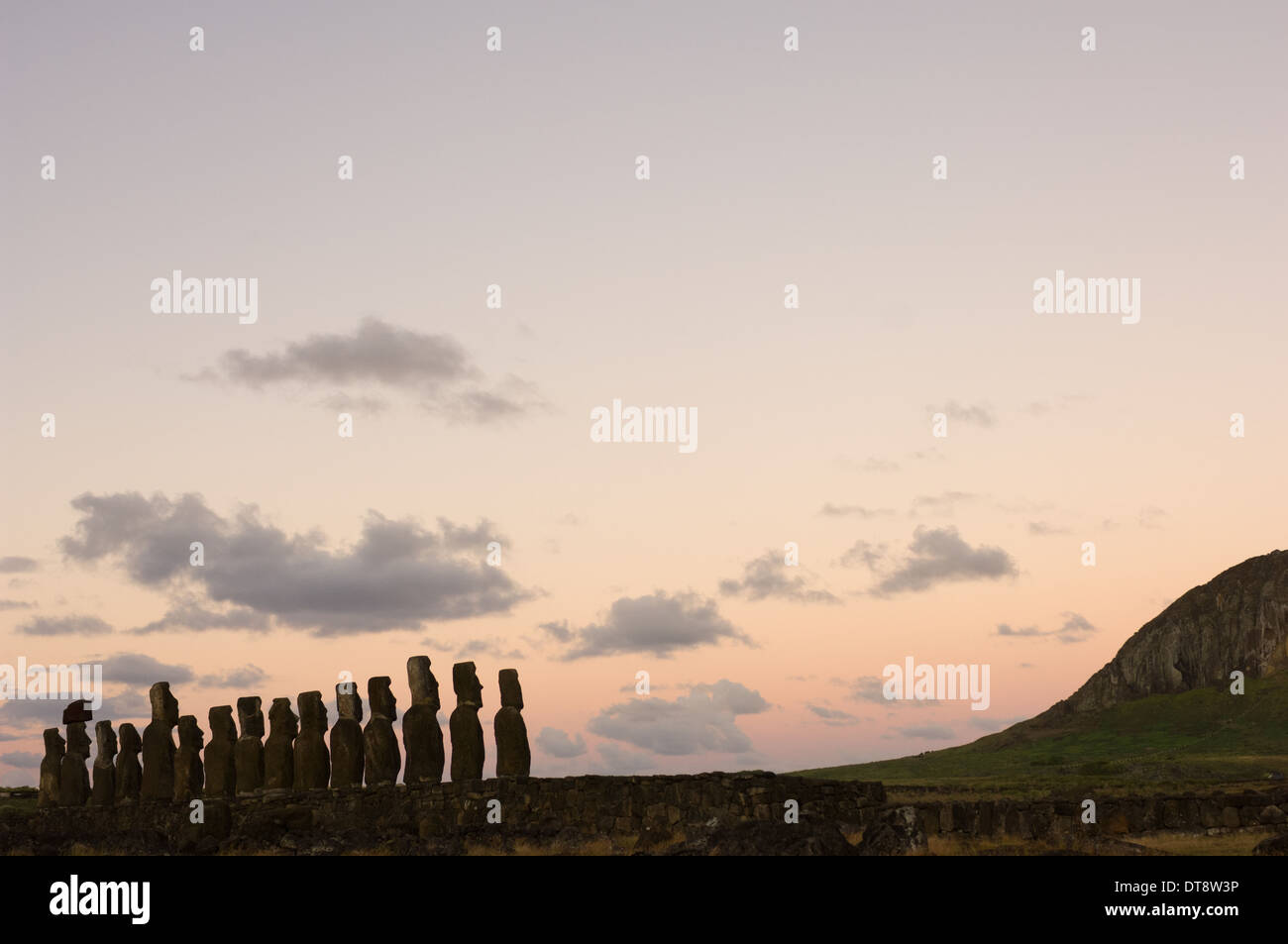 Moai at Ahu Tongariki, with the volcanic crater of Rana Raraku behind ...