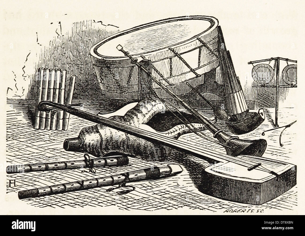 Japanese Musical Instruments - British Engraving XIX th century Stock ...