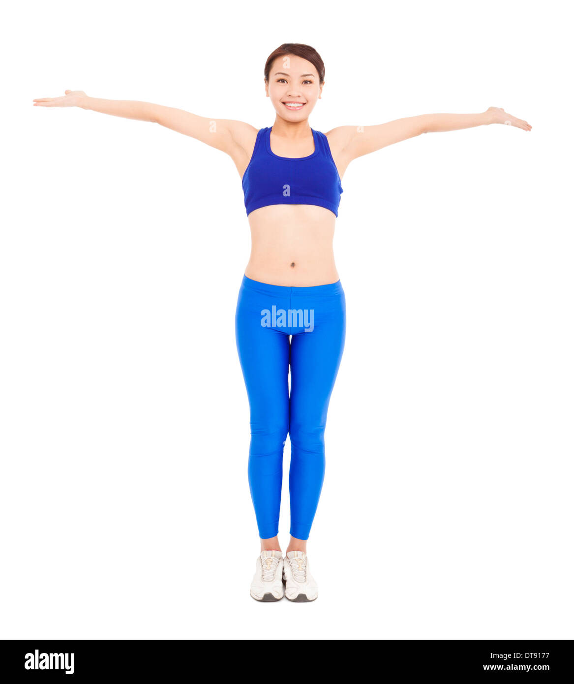 beautiful woman open hands and stretching body on studio Stock Photo ...