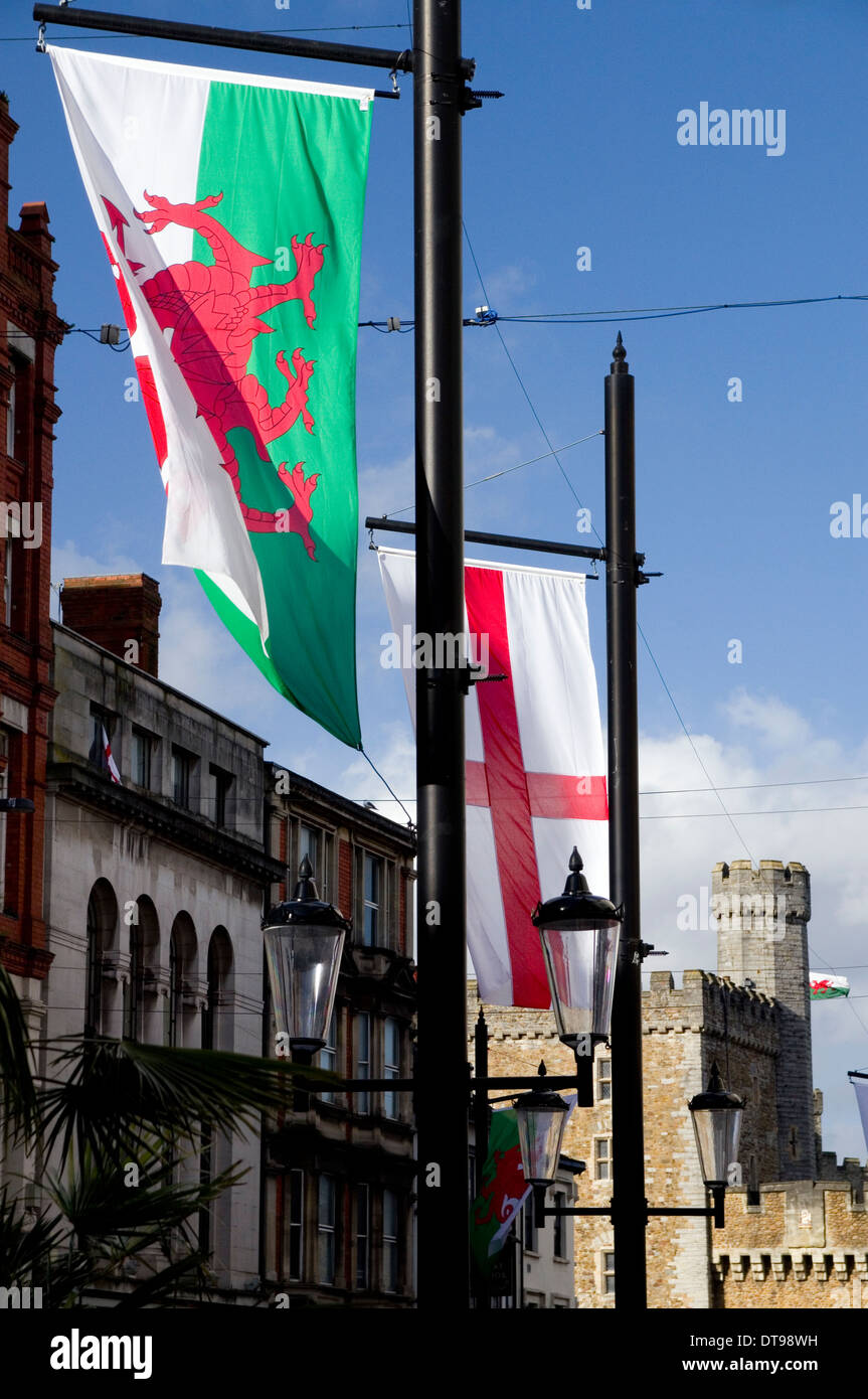 Flags on High Street, Cardiff, Wales Stock Photo - Alamy