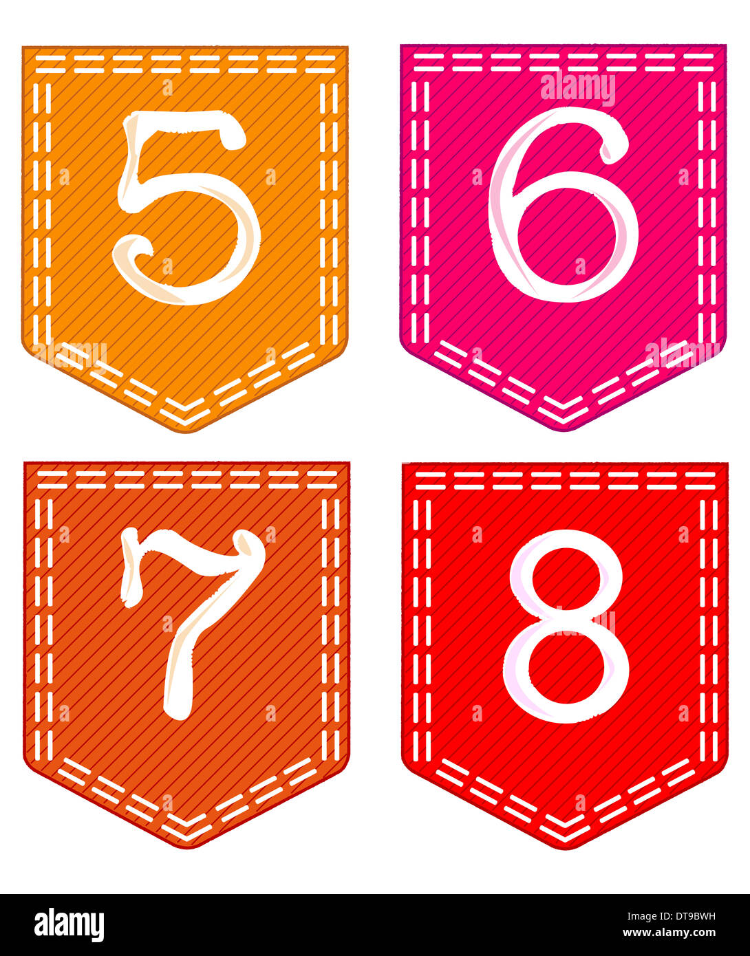 Four fabric pockets with the numbers 5, 6, 7, 8 sewn in Stock Photo - Alamy
