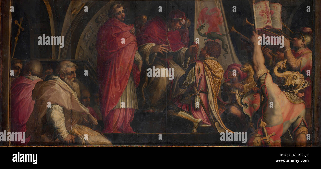 Pope Clement IV hands his insigna to the captains of the Guelph Party ...