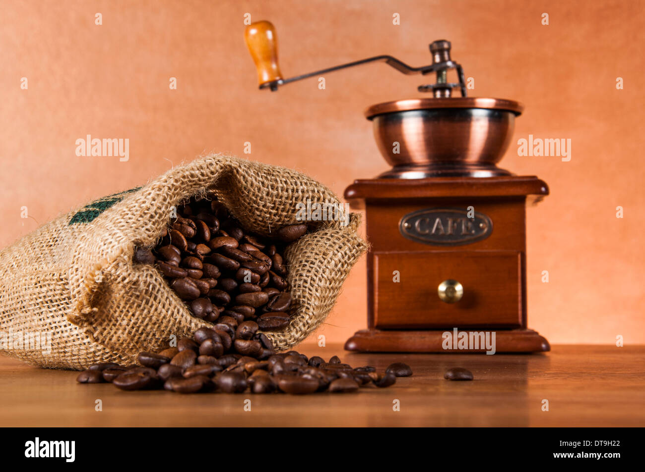 Coffee theme with wooden table and dark background Stock Photo - Alamy