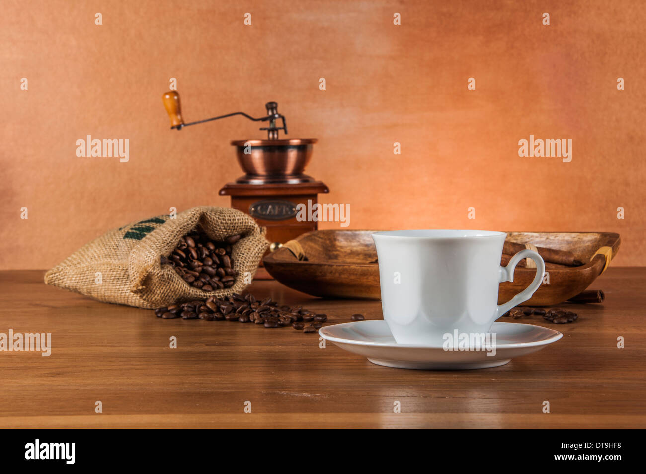 Coffee theme with wooden table and dark background Stock Photo - Alamy