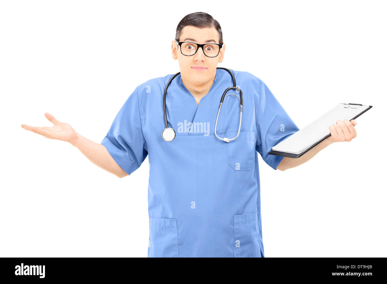 Confused male doctor gesturing with hands Stock Photo - Alamy