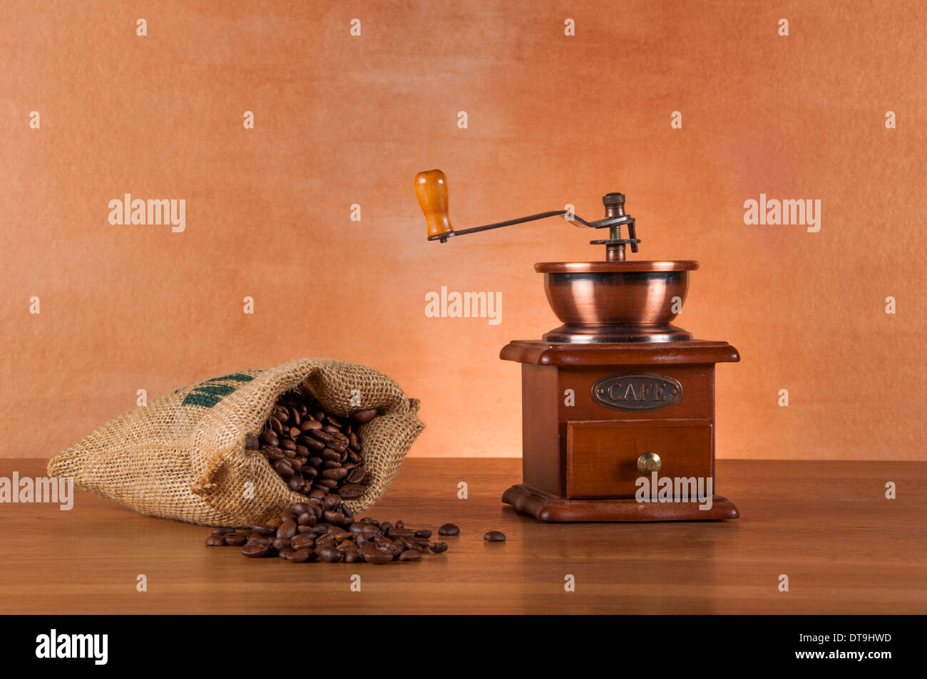 Coffee theme with wooden table and dark background Stock Photo - Alamy