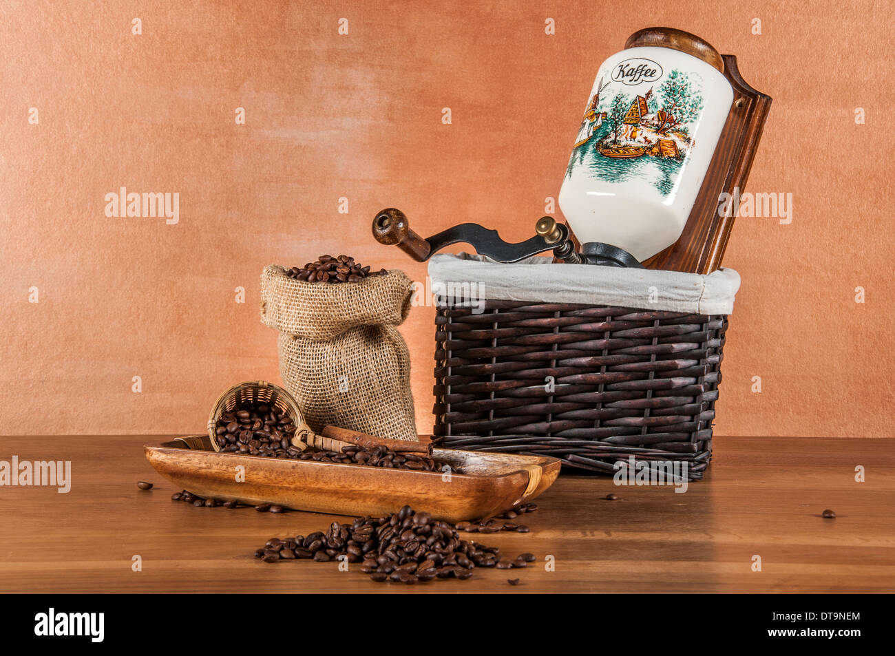 Coffee theme with wooden table and dark background Stock Photo - Alamy