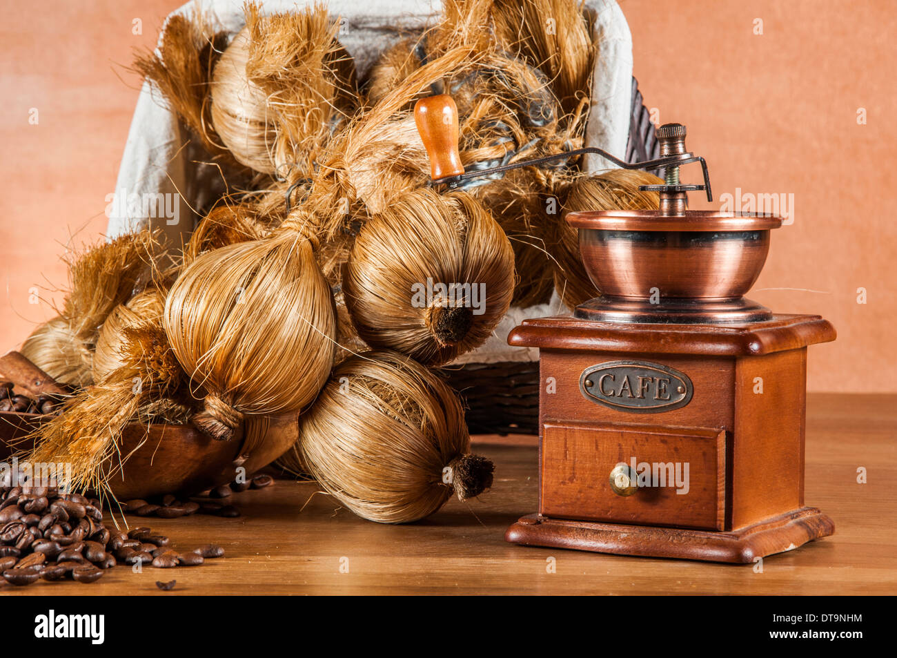 Coffee theme with wooden table and dark background Stock Photo - Alamy