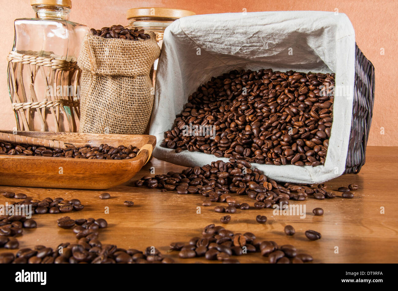 Coffee theme with wooden table and dark background Stock Photo - Alamy