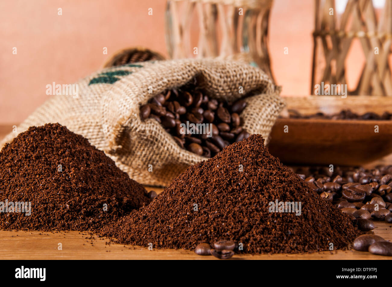 Coffee theme with wooden table and dark background Stock Photo - Alamy