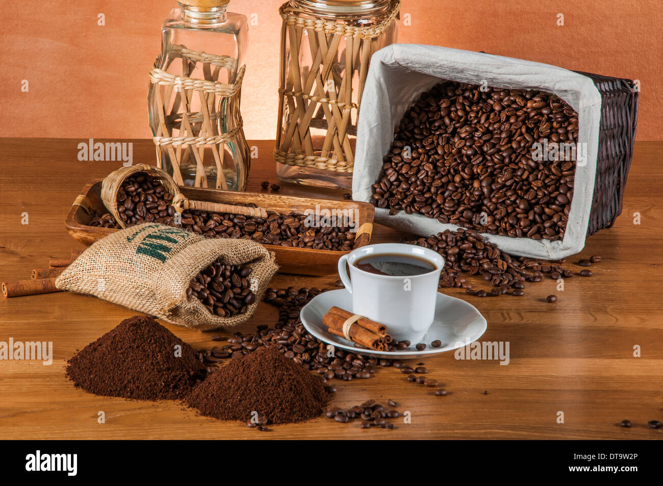 Coffee theme with wooden table and dark background Stock Photo - Alamy