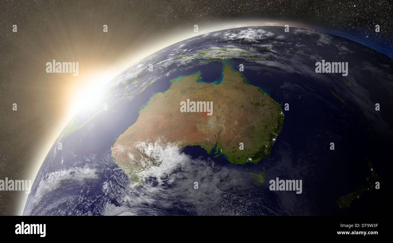 Sunset over Australia region on planet Earth viewed from space with Sun ...