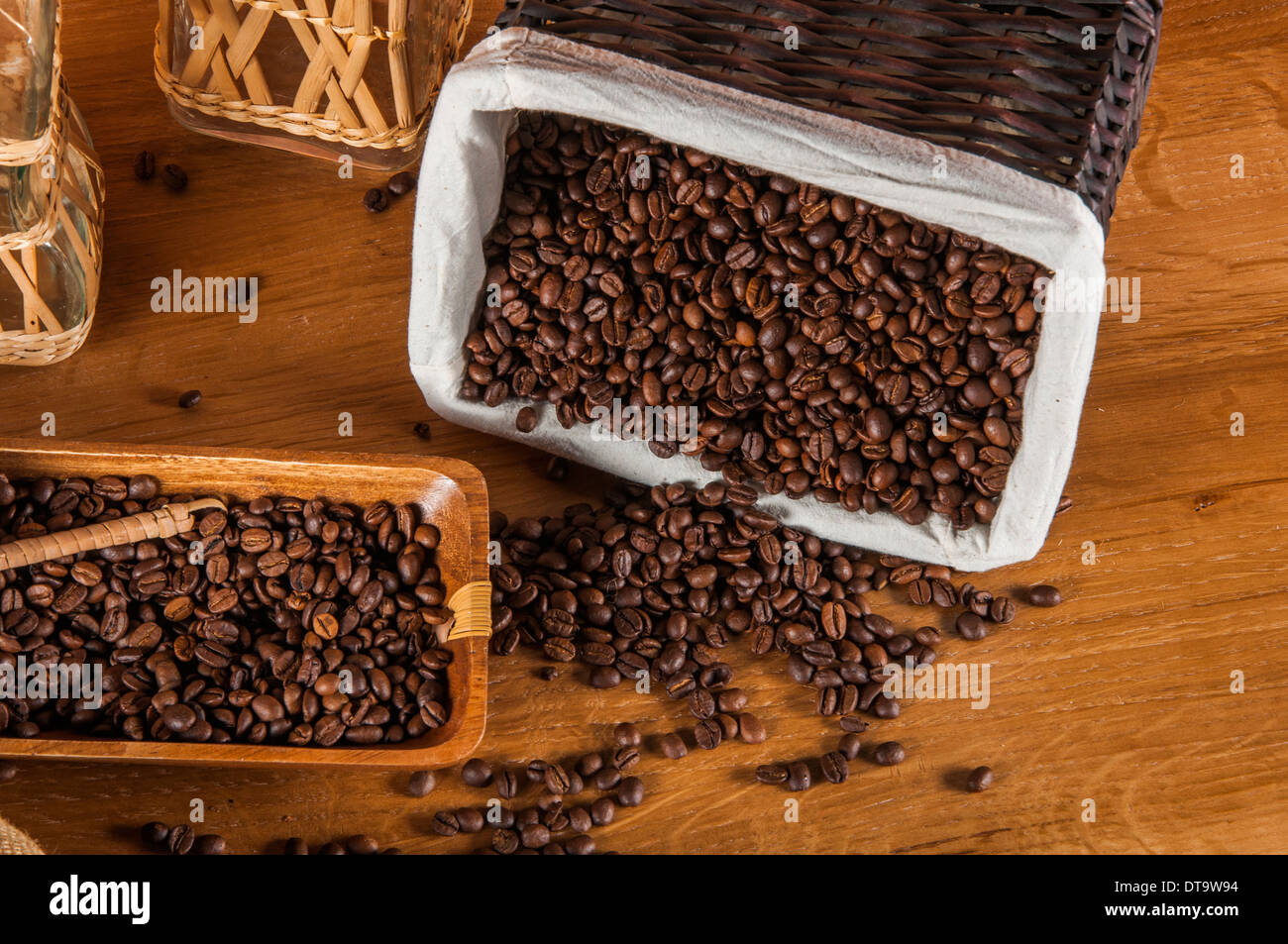 Coffee theme with wooden table and dark background Stock Photo - Alamy