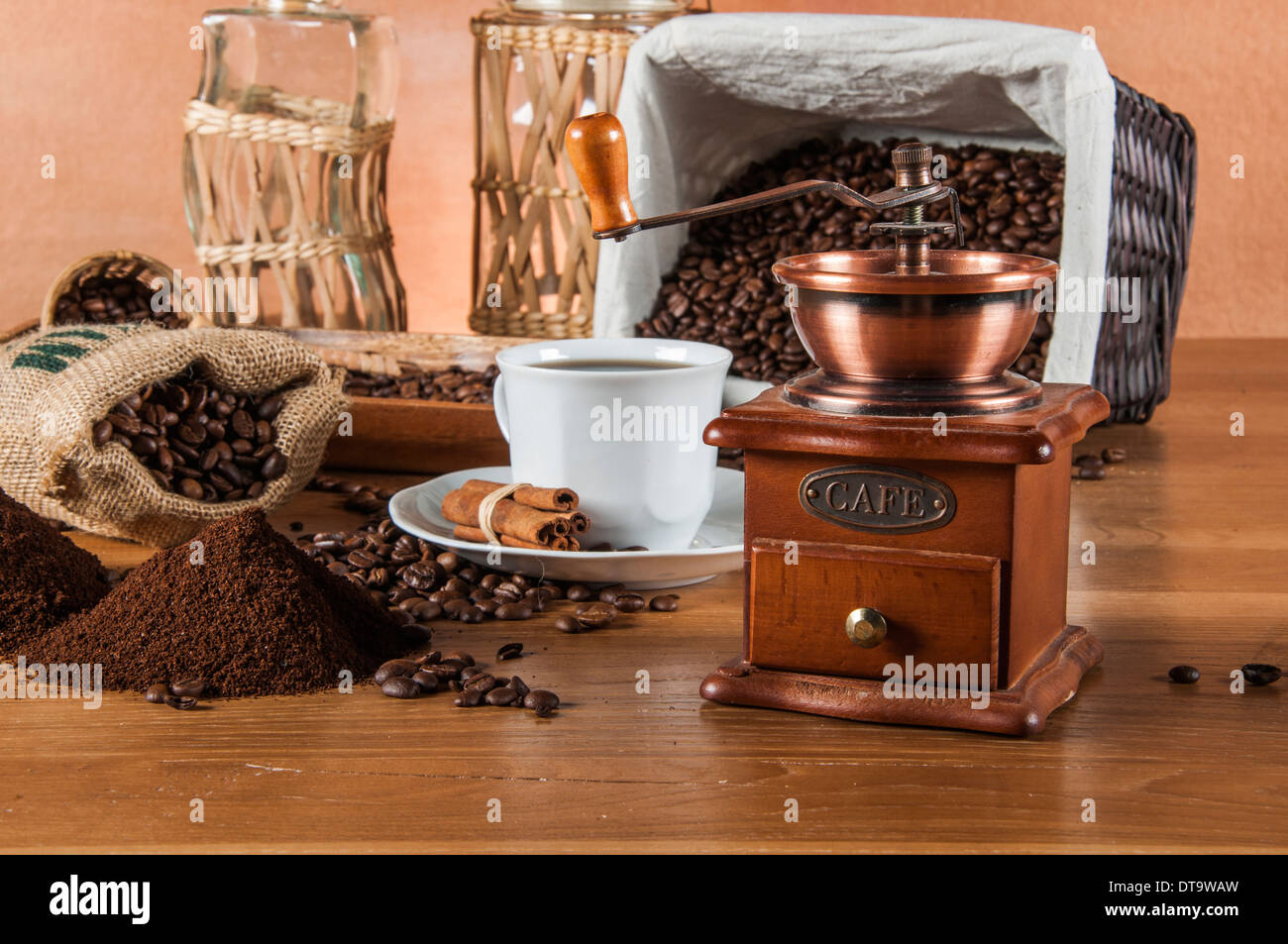 Coffee theme with wooden table and dark background Stock Photo - Alamy