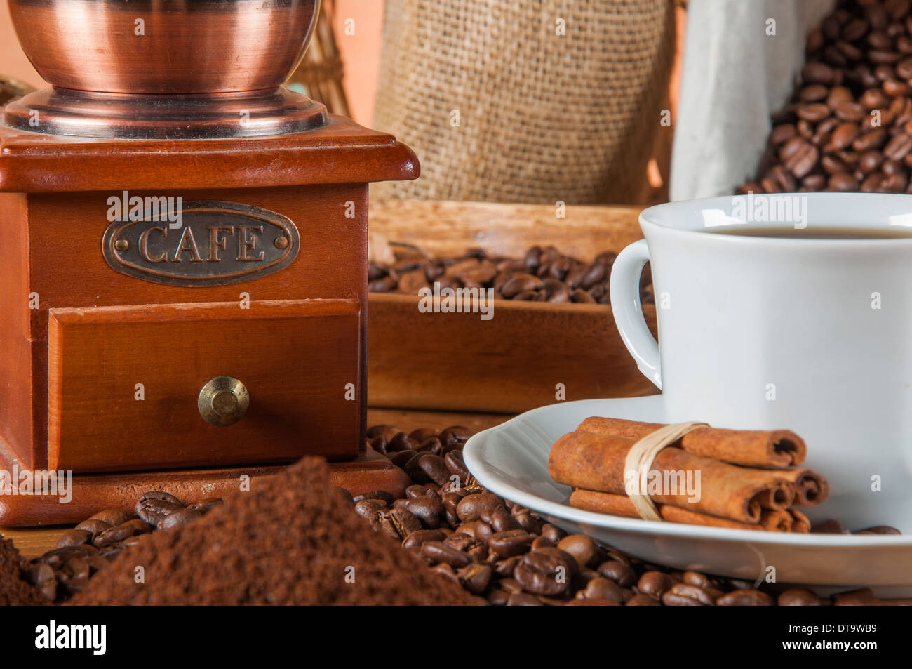Coffee theme with wooden table and dark background Stock Photo - Alamy